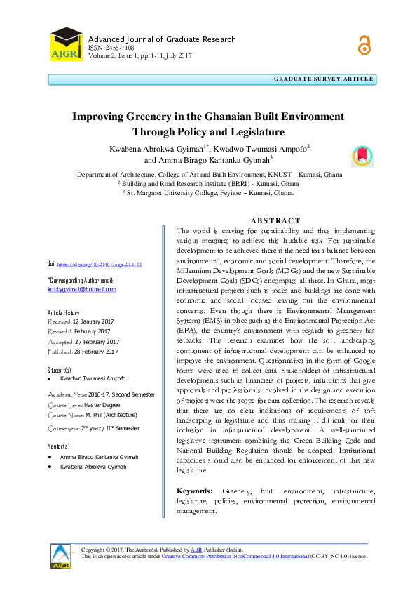 (PDF) Advanced Journal of Graduate Research Improving Greenery in the ...