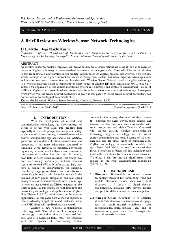 Pdf A Brief Review On Wireless Sensor Network Technologies