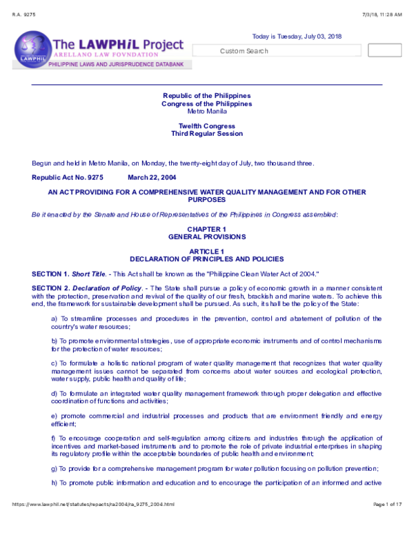 (PDF) R.A. 9275 Clean Water Act of