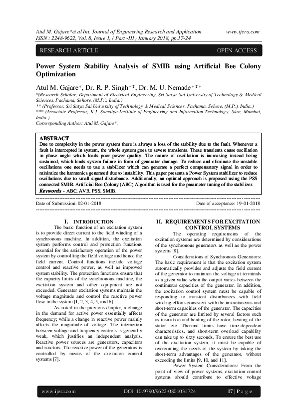 (PDF) Power System Stability Analysis of SMIB using Artificial Bee Colony Optimization
