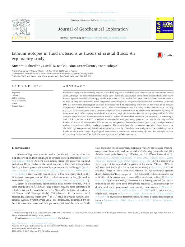 (PDF) Lithium isotopes in fluid inclusions as tracers of crustal fluids ...