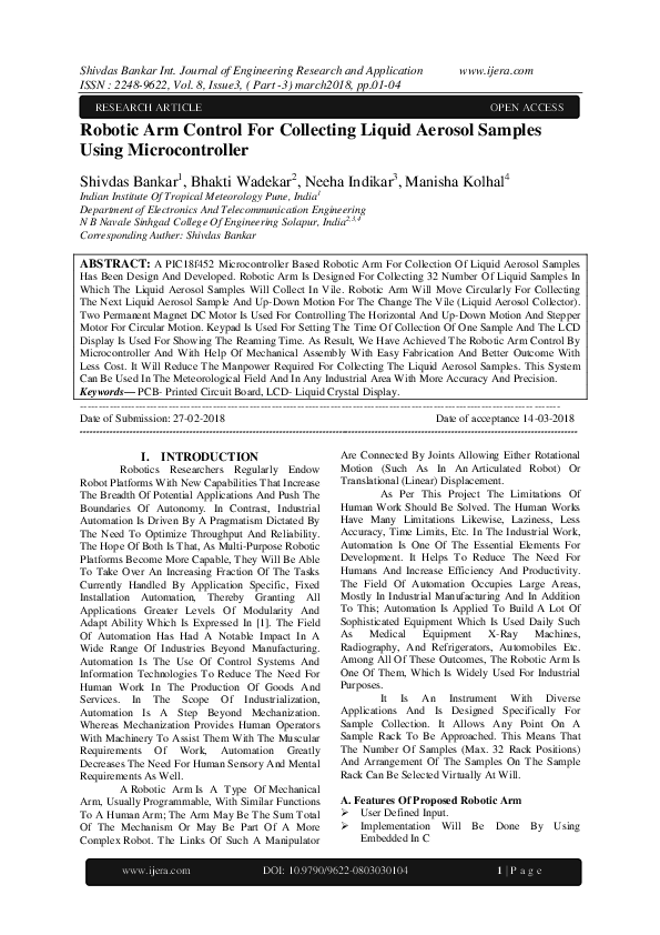 (PDF) Robotic Arm Control For Collecting Liquid Aerosol Samples Using Microcontroller