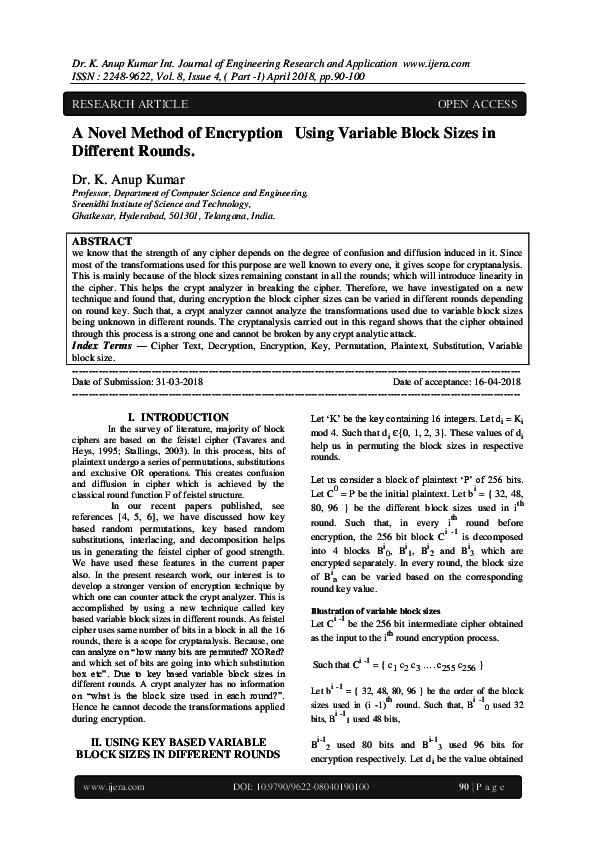 Pdf A Novel Method Of Encryption Using Variable Block Sizes In