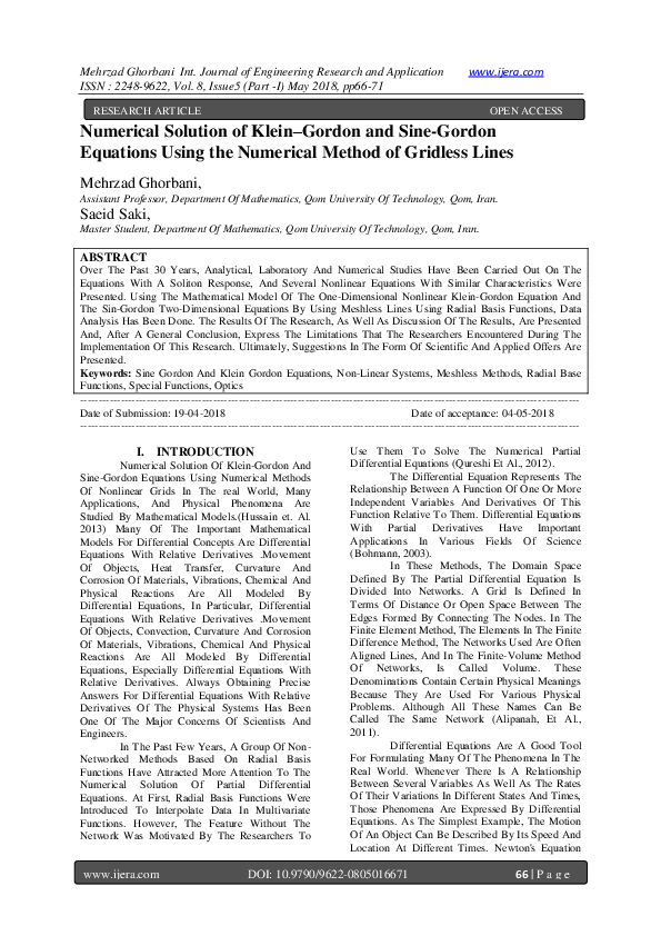 Pdf Numerical Solution Of Kleingordon And Sine Gordon Equations Using The Numerical Method Of
