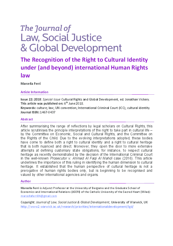 (PDF) The Recognition of the Right to Cultural Identity under (and ...