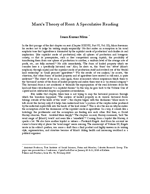 (PDF) Marx's Theory of Rent: A Speculative Reading