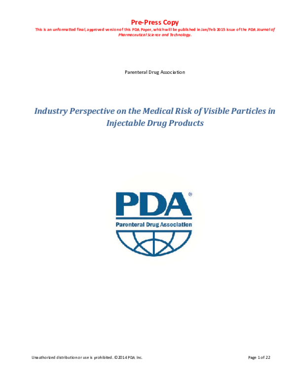 (PDF) Industry Perspective on the Medical Risk of Visible Particles in ...