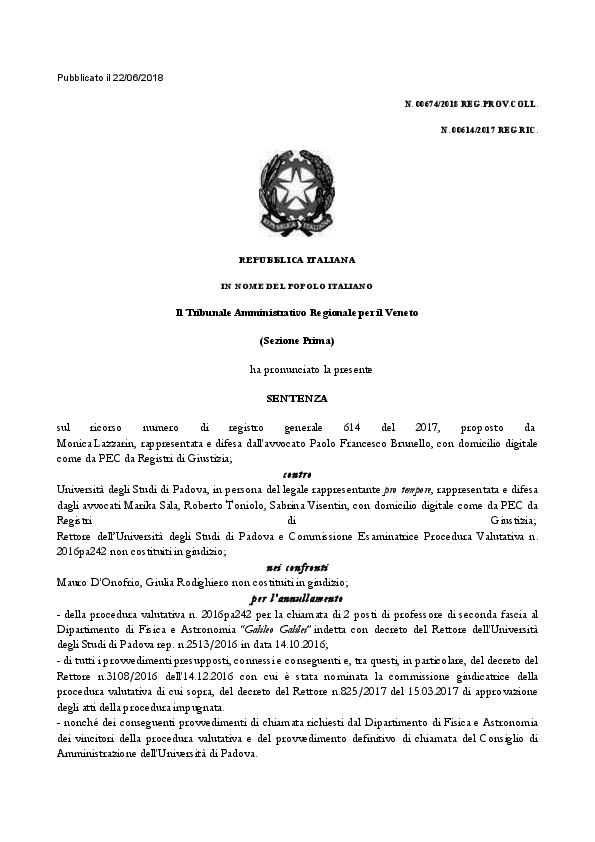 (PDF) TAR Veneto, sentenza 674/2018, Illogicità giudizi commissione ...
