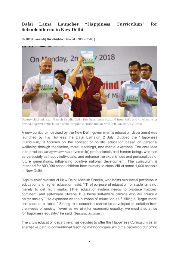 (PDF) Dalai Lama Launches " Happiness Curriculum " for Schoolchildren ...