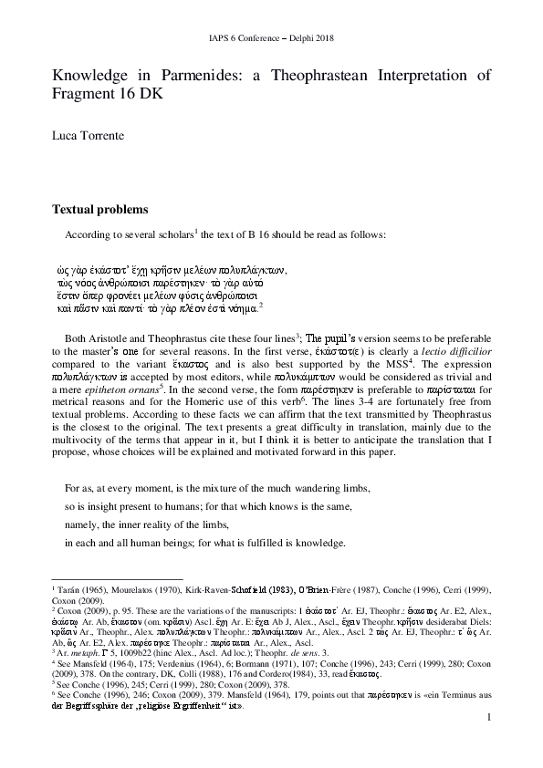 (PDF) Knowledge in Parmenides: a Theophrastean Interpretation of ...