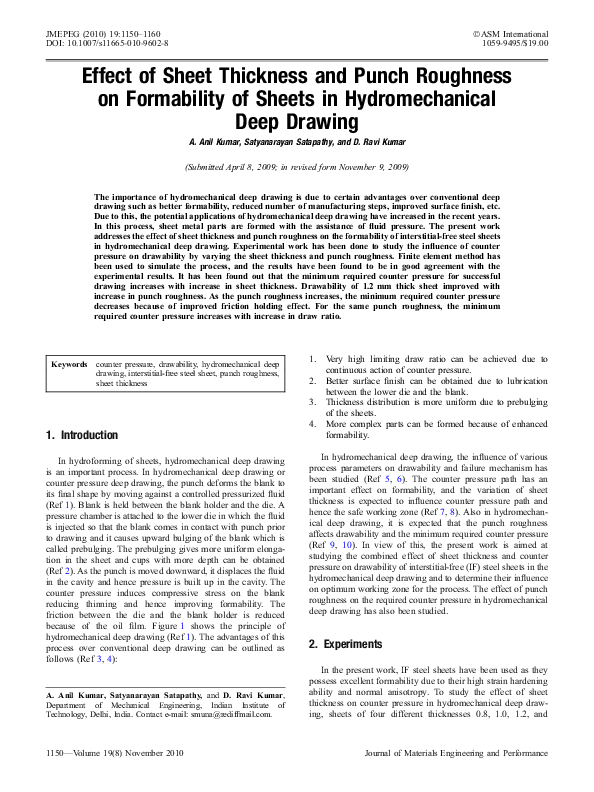 (PDF) Effect of Sheet Thickness and Punch Roughness on Formability of Sheets in Hydromechanical ...