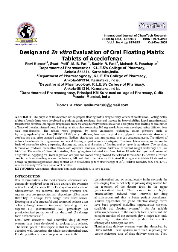 Pdf Design And In Vitro Evaluation Of Oral Floating Matrix Tablets Of Aceclofenac