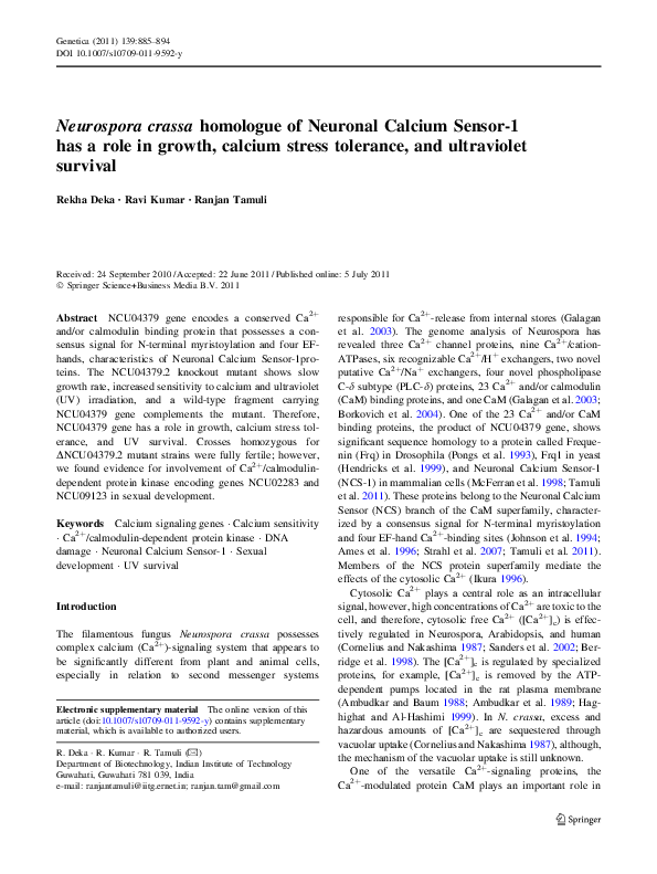 (PDF) Neurospora crassa homologue of Neuronal Calcium Sensor-1 has a ...