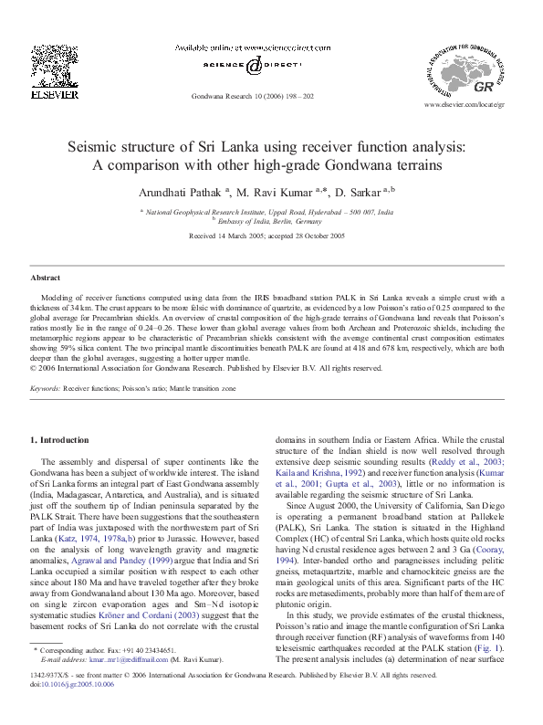 Pdf Seismic Structure Of Sri Lanka Using Receiver Function Analysis