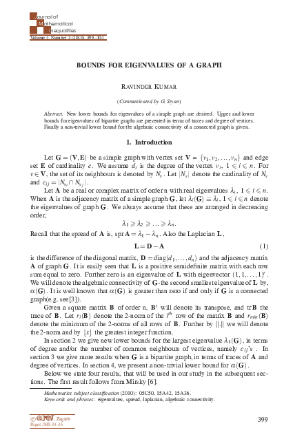 Pdf Bounds For Eigenvalues Of A Graph Ankam Ravi Kumar