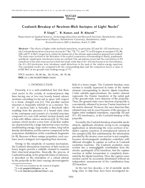 (PDF) Coulomb breakup of neutron-rich isotopes of light nuclei | Ankam ...