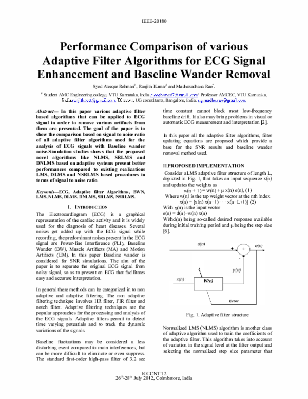 Pdf Performance Comparison Of Various Adaptive Filter Algorithms For Ecg Signal Enhancement