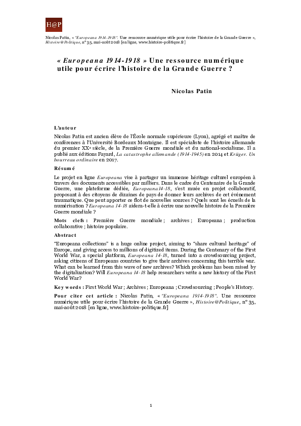 (PDF) « Europeana 1914-1918 » Une ressource numérique utile pour écrire l'histoire de la Grande ...