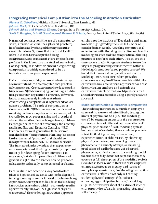 Pdf Integrating Numerical Computation Into The Modeling Instruction