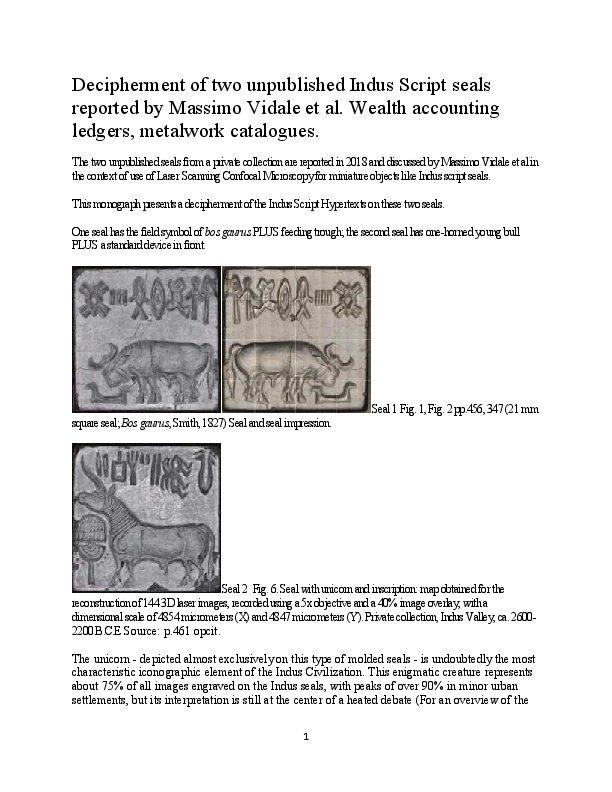(PDF) Decipherment of two unpublished Indus Script seals reported by ...
