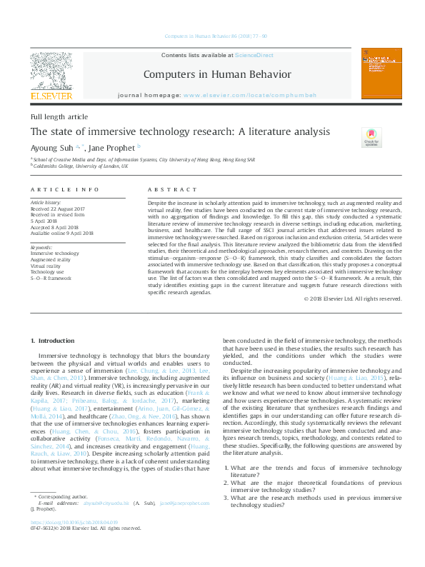 (PDF) The state of immersive technology research: A literature analysis
