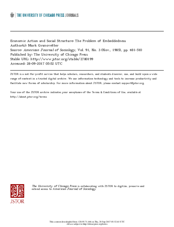 (PDF) Economic Action and Social Structure: The Problem of Embeddedness