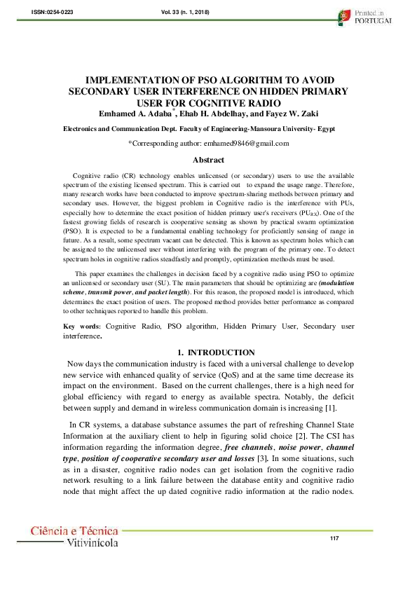 Pdf Implementation Of Pso Algorithm To Avoid Secondary User Interference On Hidden Primary