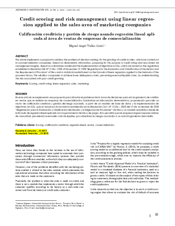 Doc Credit Scoring And Risk Management Using Linear Regression Applied To The Sales Area Of