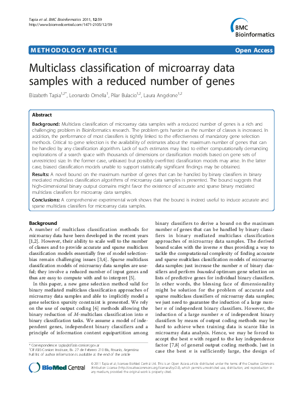 Pdf Multiclass Classification Of Microarray Data Samples With A