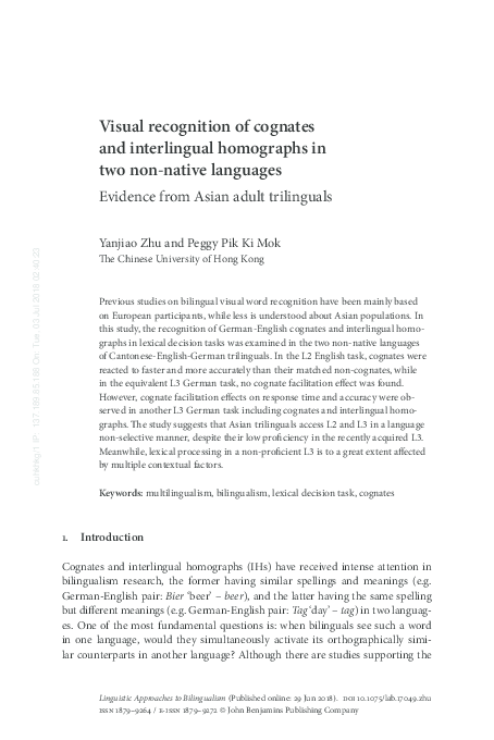 (PDF) Visual recognition of cognates and interlingual homographs in two ...