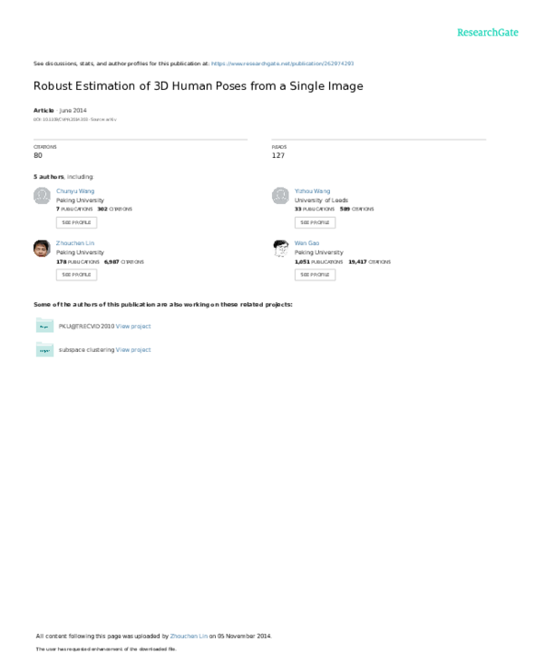 (PDF) Robust Estimation of 3D Human Poses from a Single Image