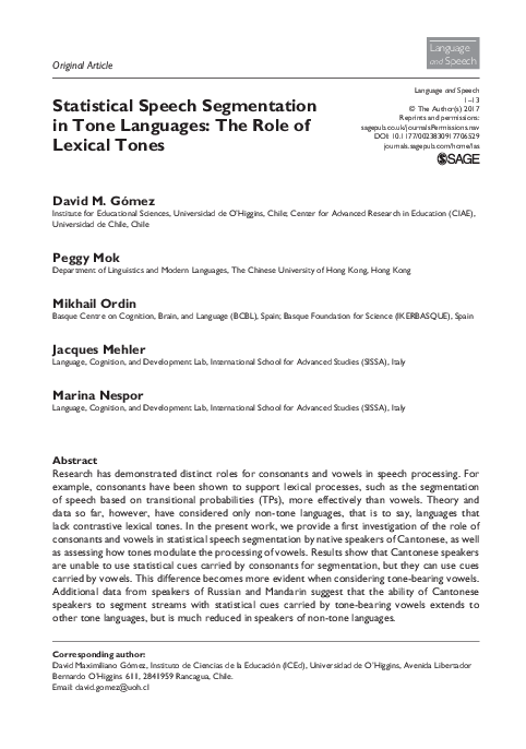 (PDF) Statistical Speech Segmentation in Tone Languages: The Role of Lexical Tones