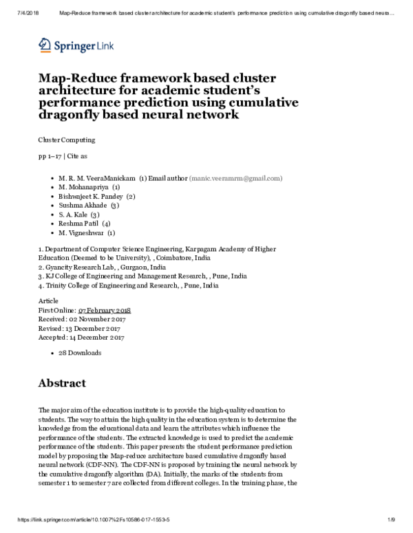(PDF) Map-Reduce framework based cluster architecture for academic student's performance ...