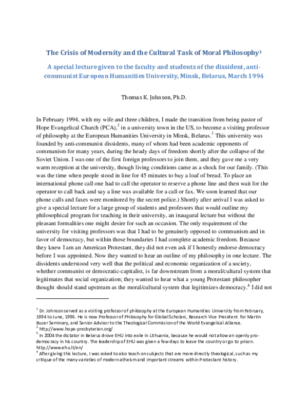 (PDF) The Crisis of Modernity and the Cultural Task of Moral Philosophy