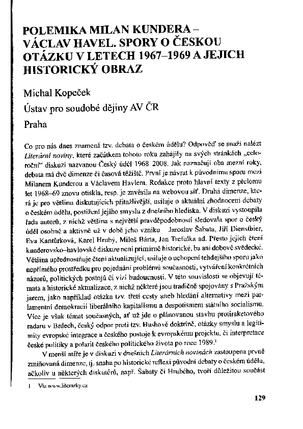 (PDF) Polemika Milan Kundera-Václav Havel. Spory o českou otázku v ...