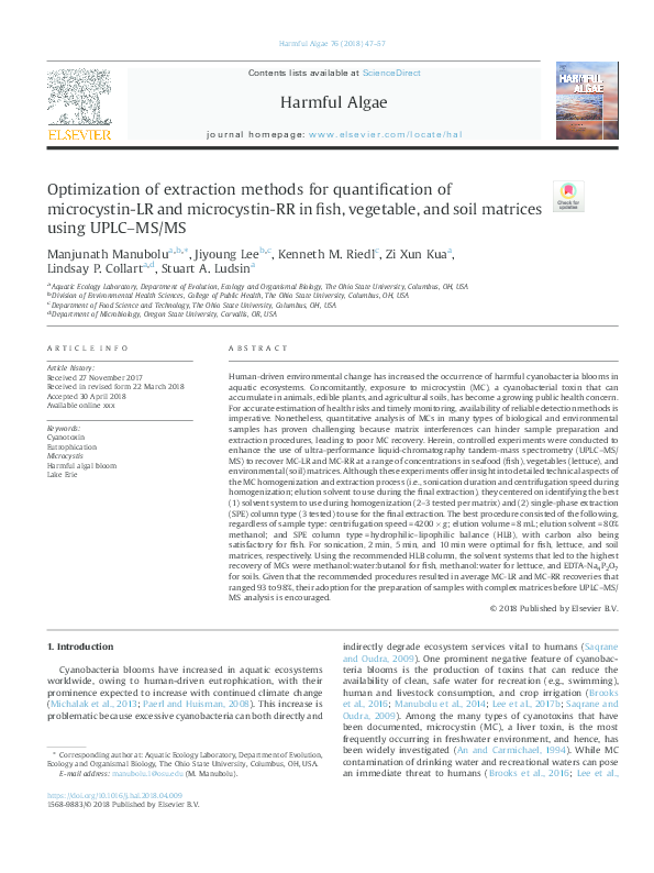 (PDF) Optimization of extraction methods for quantification of microcystin-LR and microcystin-RR ...