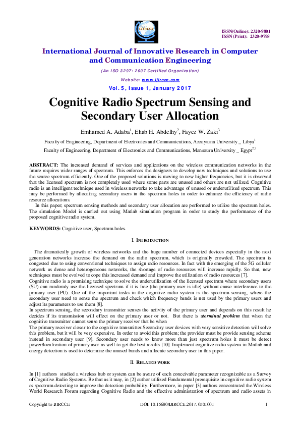 (PDF) Cognitive Radio Spectrum Sensing and Secondary User Allocation