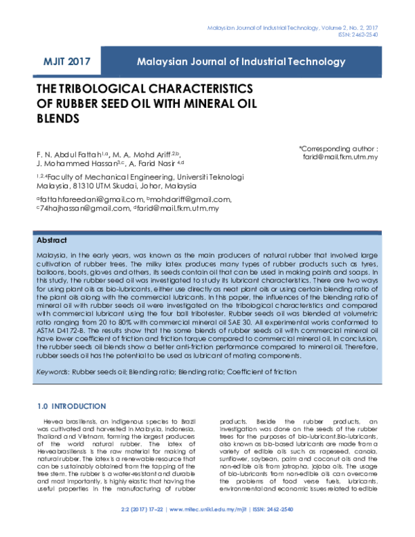 (PDF) THE TRIBOLOGICAL CHARACTERISTICS OF RUBBER SEED OIL WITH MINERAL OIL BLENDS