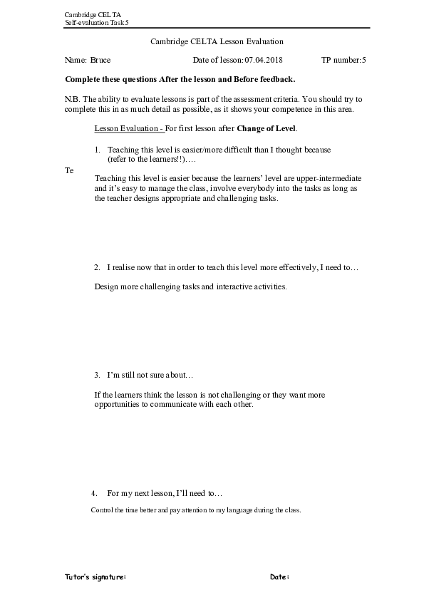 (PDF) Cambridge CELTA Self-evaluation Task 5