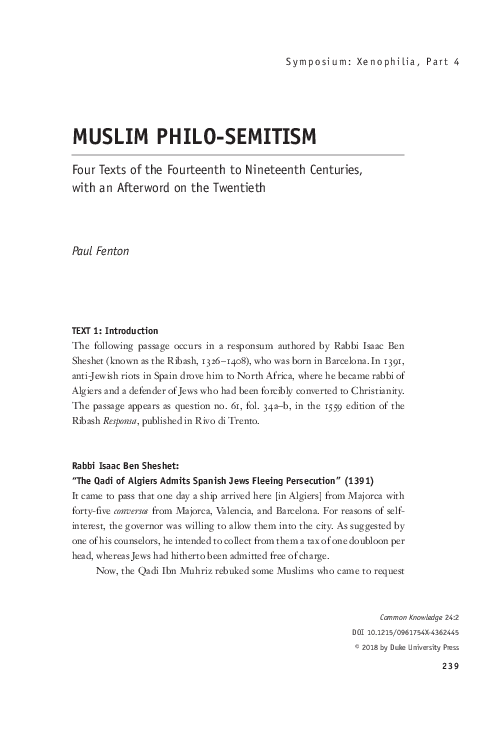(PDF) Paul B. Fenton, “Muslim Philo-Semitism,” Common Knowledge, vol ...