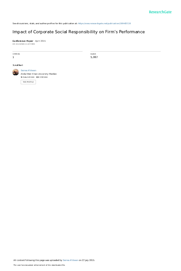 (PDF) Impact of Corporate Social Responsibility on Firm's Performance In Preceding for Journal ...