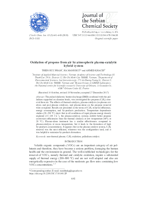 (PDF) Oxidation of propene from air by atmospheric plasma-catalytic ...