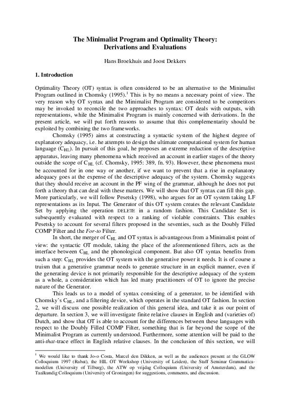 (PDF) The Minimalist Program and Optimality Theory: Derivations and ...