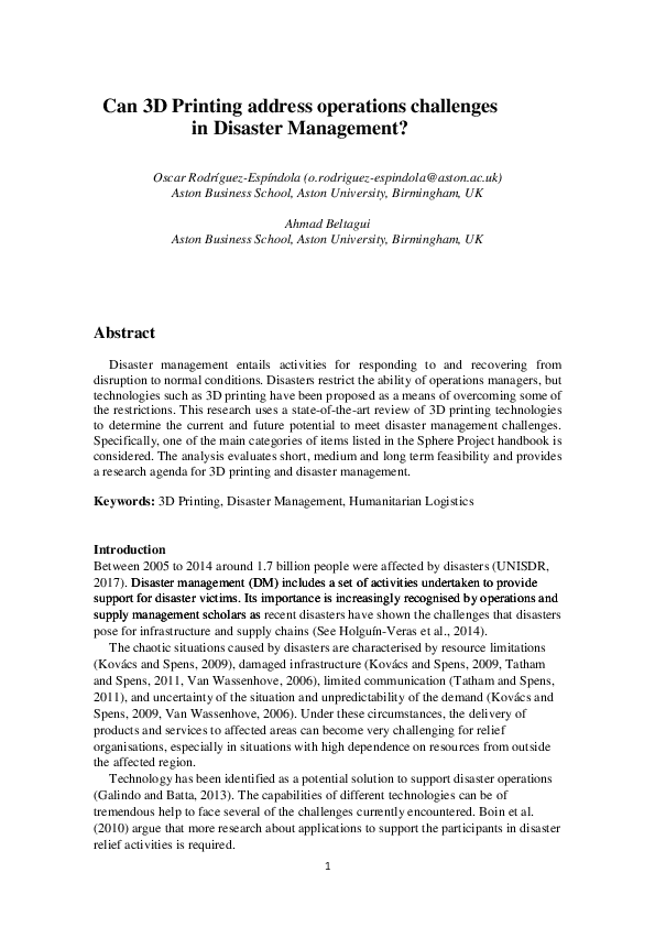 (PDF) Can 3D Printing address operations challenges in Disaster Management?