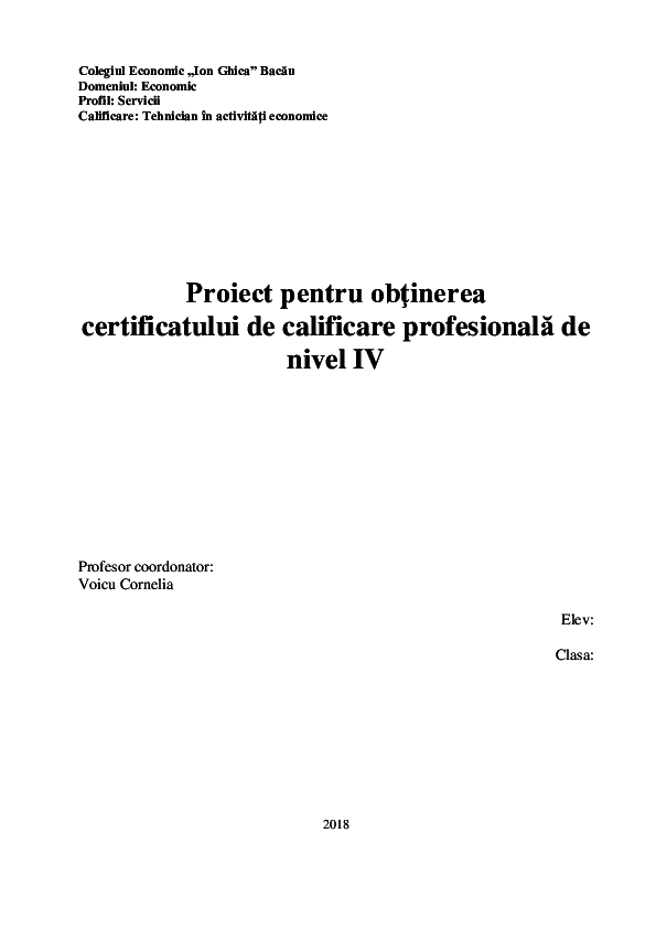 (DOC) Proiect pentru obţinerea certificatului de calificare profesională de nivel IV