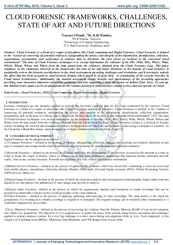 (PDF) CLOUD FORENSIC FRAMEWORKS, CHALLENGES, STATE OF ART AND FUTURE DIRECTIONS