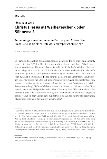 (PDF) Christus Jesus als Weihegeschenk oder Sühnemal? Anmerkungen zu ...
