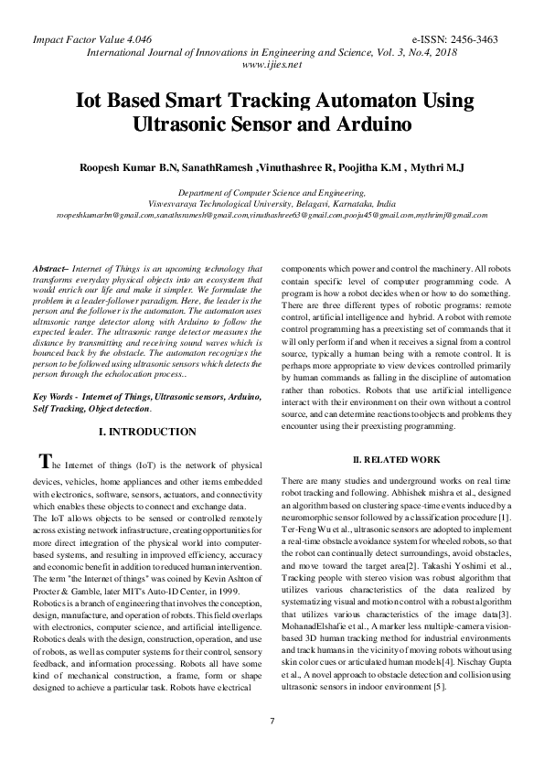 Pdf Iot Based Smart Tracking Automaton Using Ultrasonic Sensor And Arduino