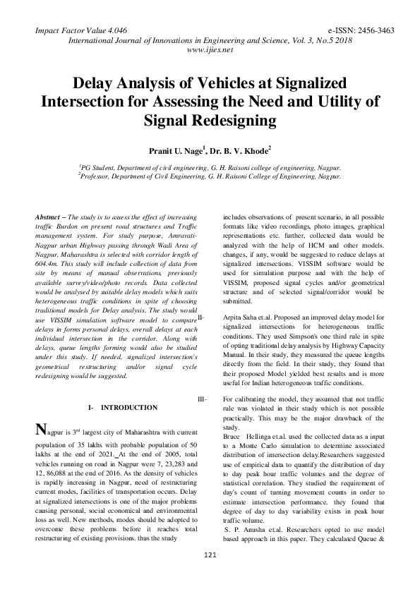 Pdf Delay Analysis Of Vehicles At Signalized Intersection For Assessing The Need And Utility