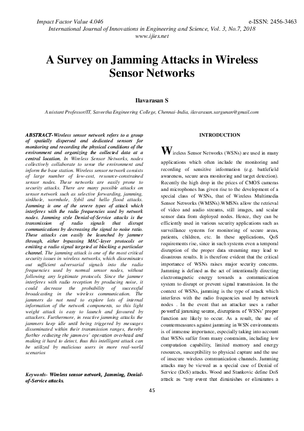 Pdf A Survey On Jamming Attacks In Wireless Sensor Networks Pdf